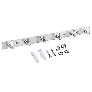 Towel Hook Hanger Wall Mounted - NHENY 16-Inch Coat＆Key Hook Rack with 6 Heavy Duty Hooks, Wall Hanger for Bedroom, Bathroom, Foyer, Hallway, Garage, Garden, Office, 304 Stainless Steel Brushed Nickel