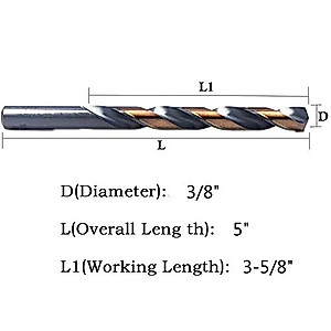5PCS,3/8", HSS Jobber Length Black and Gold Coated Twist Drill Bits, Metal drill, ideal for drilling on mild steel, copper, Aluminum, Zinc alloy etc. (3/8)
