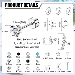 THUNARAZ 20G Stainless Steel Stud Earrings for Women Multipack Cartilage Earrings Star Moon Heart Opal Ball Tiny CZ Flat Back Earrings Hoops Tragus Daith Helix Earrings Piercing Jewelry, Metal, Cubic