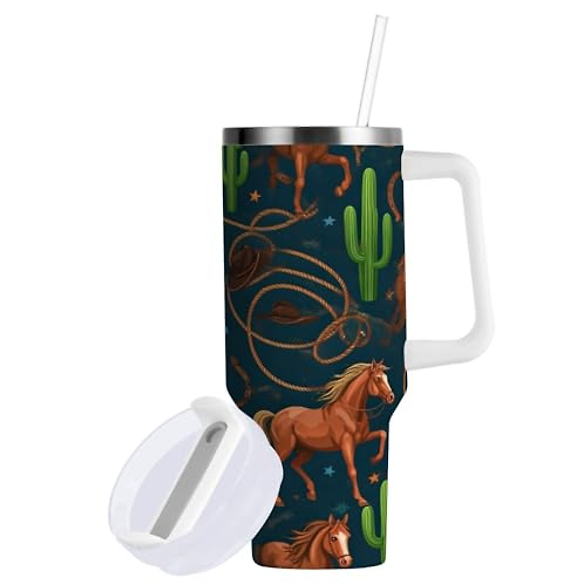 Jihqo Western Cowboy Hats Horses 40 oz Stainless Steel Vacuum Insulated Tumbler with Handle and Straw Lid, Leakproof Water Bottle Double Wall Travel Mug Coffee Cup, Cupholder Friendly