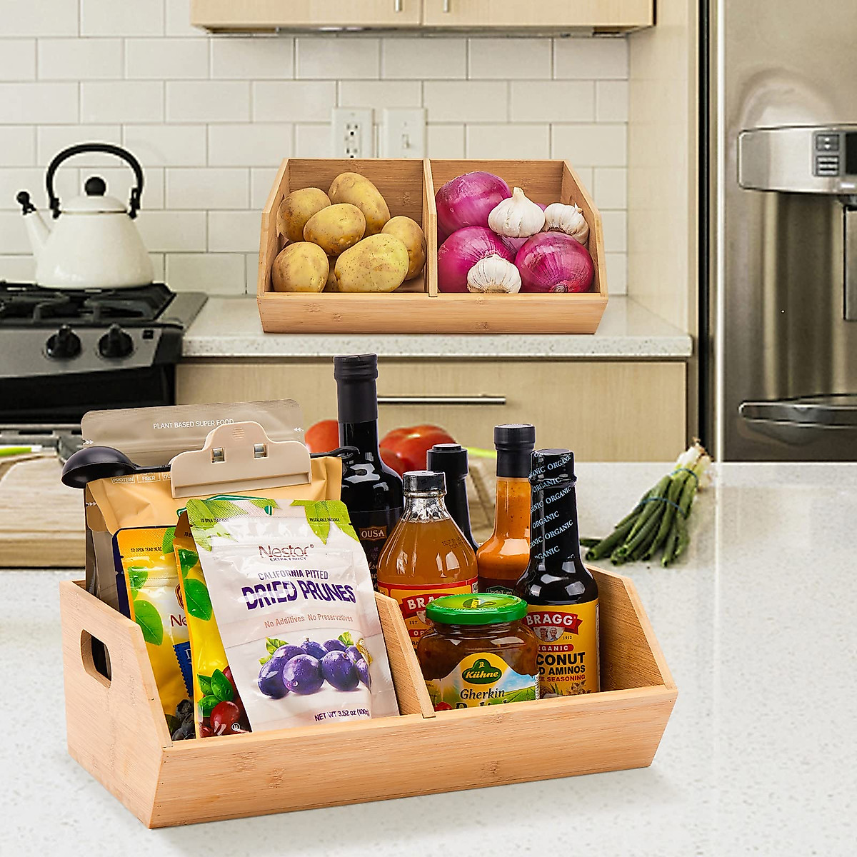 otovioia 2 Set Bamboo Storage Bin, Pantry Organization and Storage Baskets, Kitchen Organization, Potato and Onion Storage Bin - Ideal for Pantry, Countertop, and Vegetable Storage