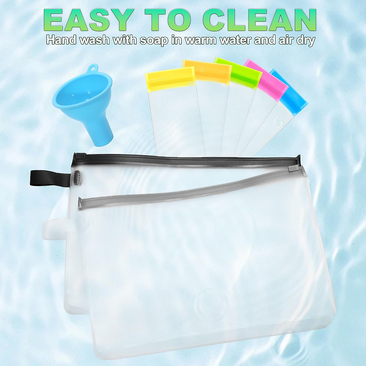 Tinrbip Protein Powder Container To Go, 25Pcs Protein Powder Travel Containers Set Include 21Pcs Single Dose Bags and 4Pcs Large Zip Up Bags, 2Pcs Funnels, 4Pcs Spoons and Sheet Labels, Spring Buckle