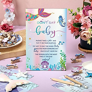 Patelai 321 Pcs Baby Shower Games Supplies, 5 Sets (50 Cards Each) Activities Cards with 20 Pencils 1 Don't Say Baby Sign 50 Clothespin(Mermaid)