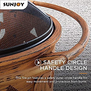 Sunjoy Fire Pit 30 in. Outdoor Wood-Burning Fire Pit, Patio Jack-o-Lantern Motif Round Steel Firepit Large Fire Pits for Outside with Spark Screen and Poker