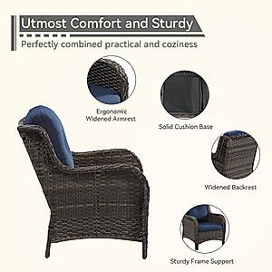 Gardenbee 4 Pieces Patio Conversation Set, Wicker Chairs Set of 2 and Two Ottomans with 3.5-inch Seat Cushions, High Back and Curved Armrest for Backyard, Balcony and Deck, Blue