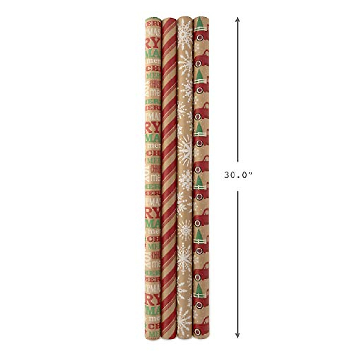 Hallmark Kraft Christmas Wrapping Paper with Cutlines on Reverse (4 Rolls: 88 sq. ft. ttl) Red Trucks, Snowflakes, Red Stripes, Merry Christmas