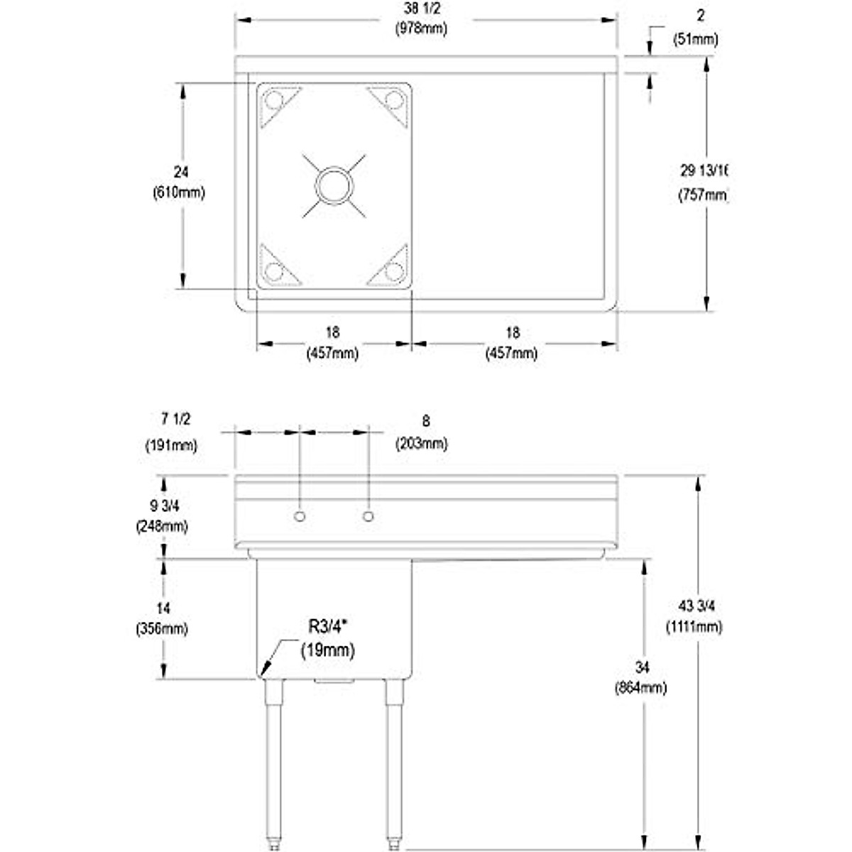 Elkay Dependabilt Stainless Steel 38-1/2" x 29-13/16" x 43-3/4" 16 Gauge One Compartment Sink w/ 18" Right Drainboard and Stainless Steel Legs