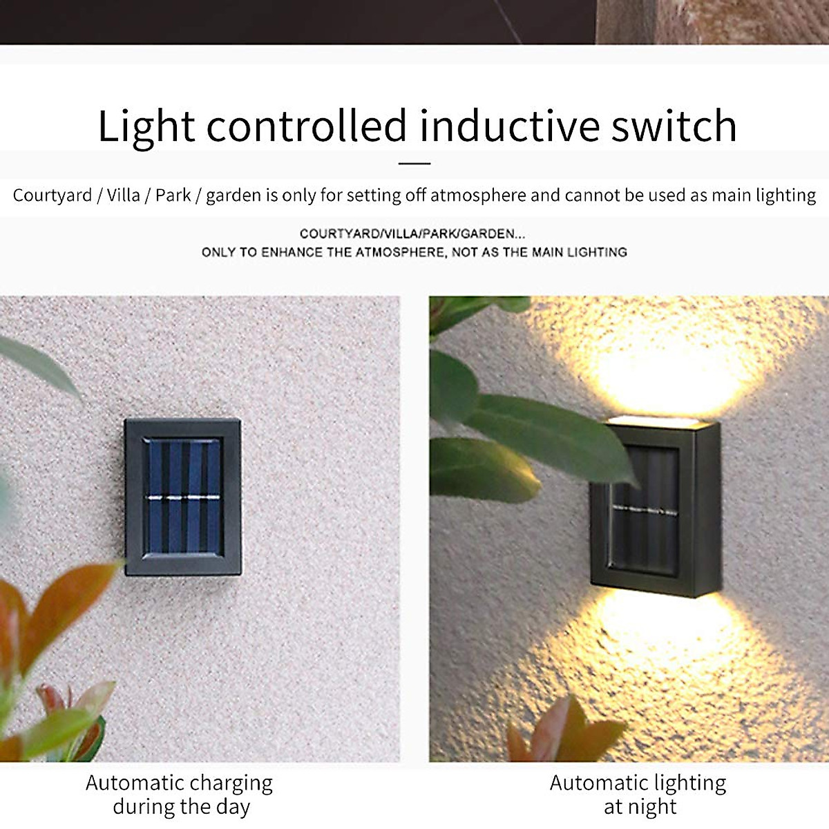 BWWNBY 2 LED Solar Wall Light UP and Down Illuminate Outdoor Sunlight Sensor Lamp Modern Nordic Style Decor for Home Garden Porch(Warm Light)