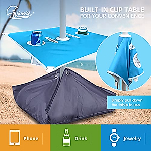 wikiwiki 7FT Beach Umbrella with Table & Sand Bags, Portable SPF60+ Protection Sunshade Umbrella with Sand Anchor, Sand Bags, Cup Holder, Carry Bag for Outdoor Patio Sand Beach (Ocrean Blue)