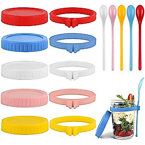 KITANIS Mason Jar Lids Wide Mouth,5 Pack Plastic Overnight Oats Jar Lids with Spoon and Holder, 3.4 inch Drinking Lids for Milk,Cereal,Fruit(Jars not Included)