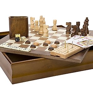 Hey! Play! 7-in-1 Classic Wooden Board Game Set – Old Fashioned Family Game Night Cards, Dice, Chess, Checkers, Backgammon, Dominoes and Cribbage (12-HY2691)