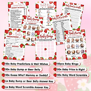 Sinasasspel 302pcs Strawberry Baby Shower Game Set Pack of 6 Activities for 50 Guests Includes Baby Shower Bingo, Baby Bump Or Beer Belly, Baby Word Scramble and More, Each 5x7 Inches