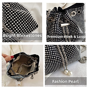 Anopo Women's Sparkly Rhinestone Bag Purse Glitter Handbag Evening Bag Drawstring Bucket Crossbody Bag for Wedding Party Prom Black