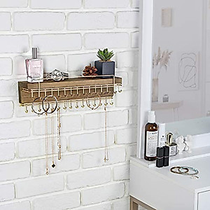 J JACKCUBE DESIGN Rustic Wood Wall Mounted Jewelry Organizer with 30 Gold Metal Hooks Display Shelf Storage for Necklaces, Bracelets, Earrings, Bows and more - MK626A