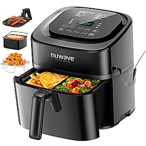 Nuwave Brio 10-in-1 Air Fryer, 6 QT Airfryer Capacity with Smart Probe, Roast Grill Bake for Fast Meals, One-Touch Digital Controls, Powerful 1800W Fryer, 100 Recipes, Removable Divider & Grill Pan