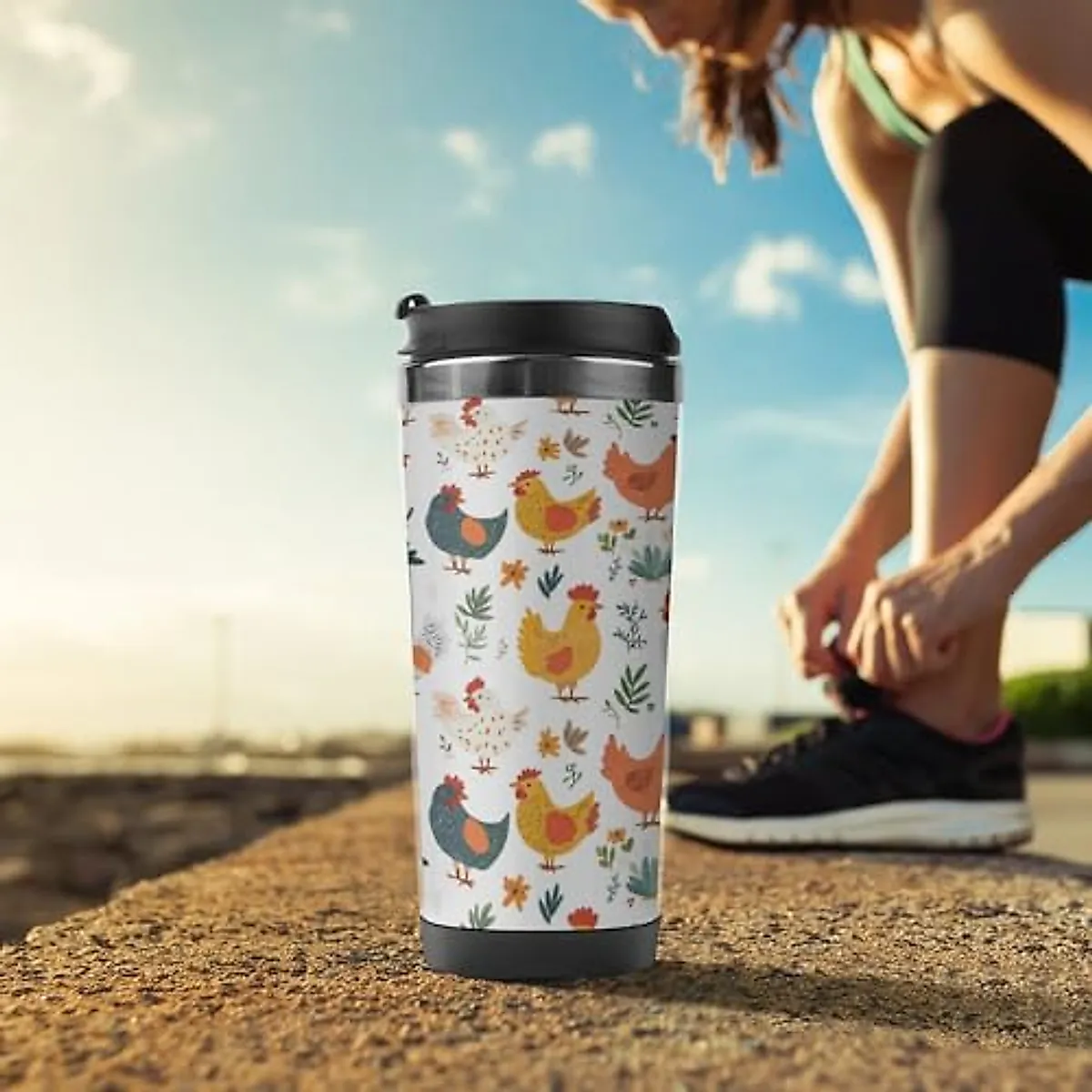 Colorful Chickens Travel Coffee Mug Reusable Insulated Drinking Cup with Lid for Home Outdoor Works 13 Oz