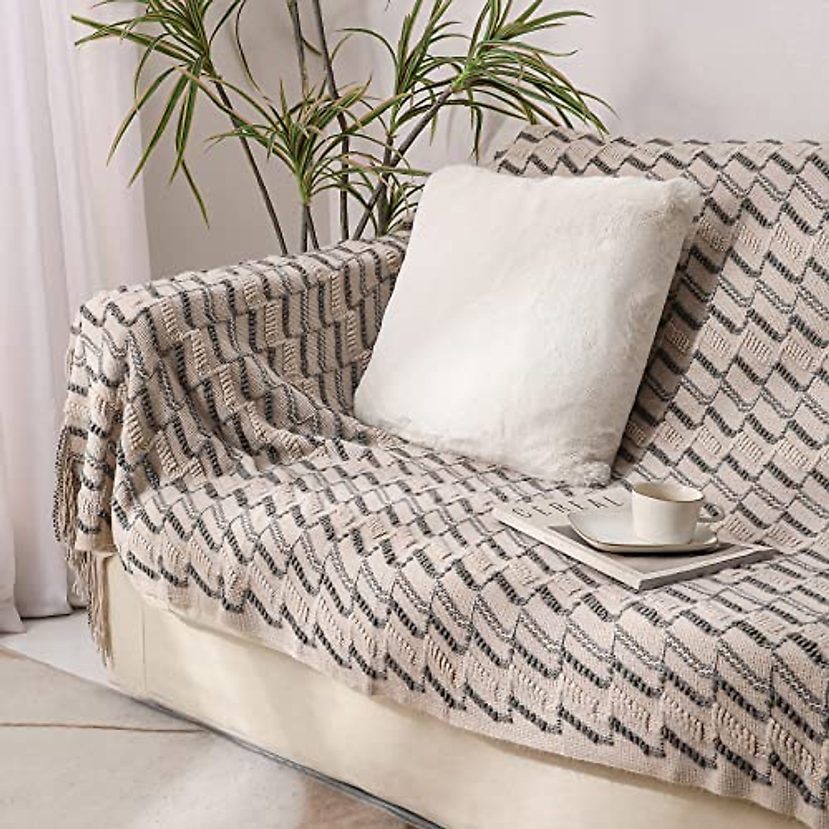 TXDYB 50"x 60" Soft Warm Cozy Khaki Knitted Blanket with Tassels,Boho Deco Throw Blanket for Bed Sofa Room Travel Camping Hotel Decoration,Wave Pattern Blanket for Women and Men