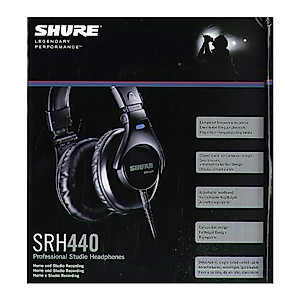 Shure SRH440 Professional Studio Headphones, Enhanced Frequency Response and Extended Range for Home and Studio Recording, with Detachable Coiled Cable, Carrying Bag and 1/4" Adapter (SRH440-BK)