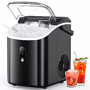 Kndko Nugget Ice Maker with Handle,33lbs/Day, Produce a Basket in 1.5 Hour, Self-Cleaning, One-Click Design, Compact Ice Maker Nugget with Chewy Ice for Home Bar Party,Black