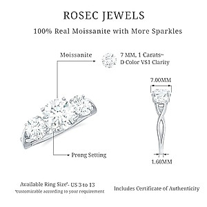 Rosec Jewels Certified Moissanite 3 Stone Engagement Ring, D-VS1 Quality, Diamond Moissanite Past Present Future Ring for Women, 14K Yellow Gold, Size:US 5.00