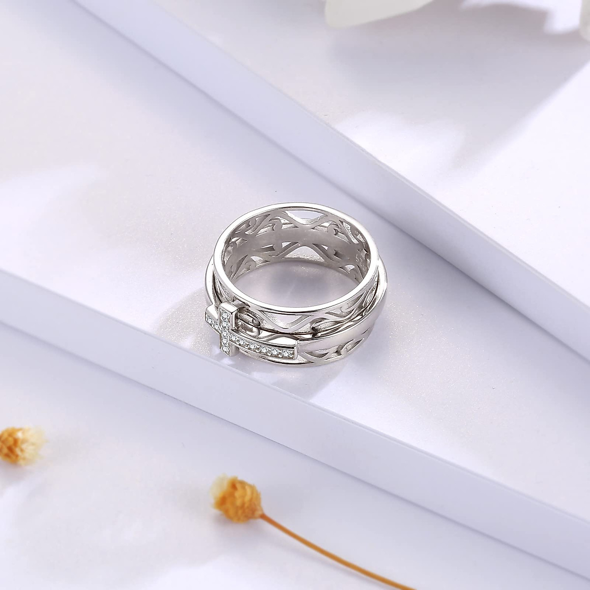 Sterling Silver Cross Fidget Ring Fidget Spinning Meditation Rings for Women Anti Anxiety Relieving Stress (9)