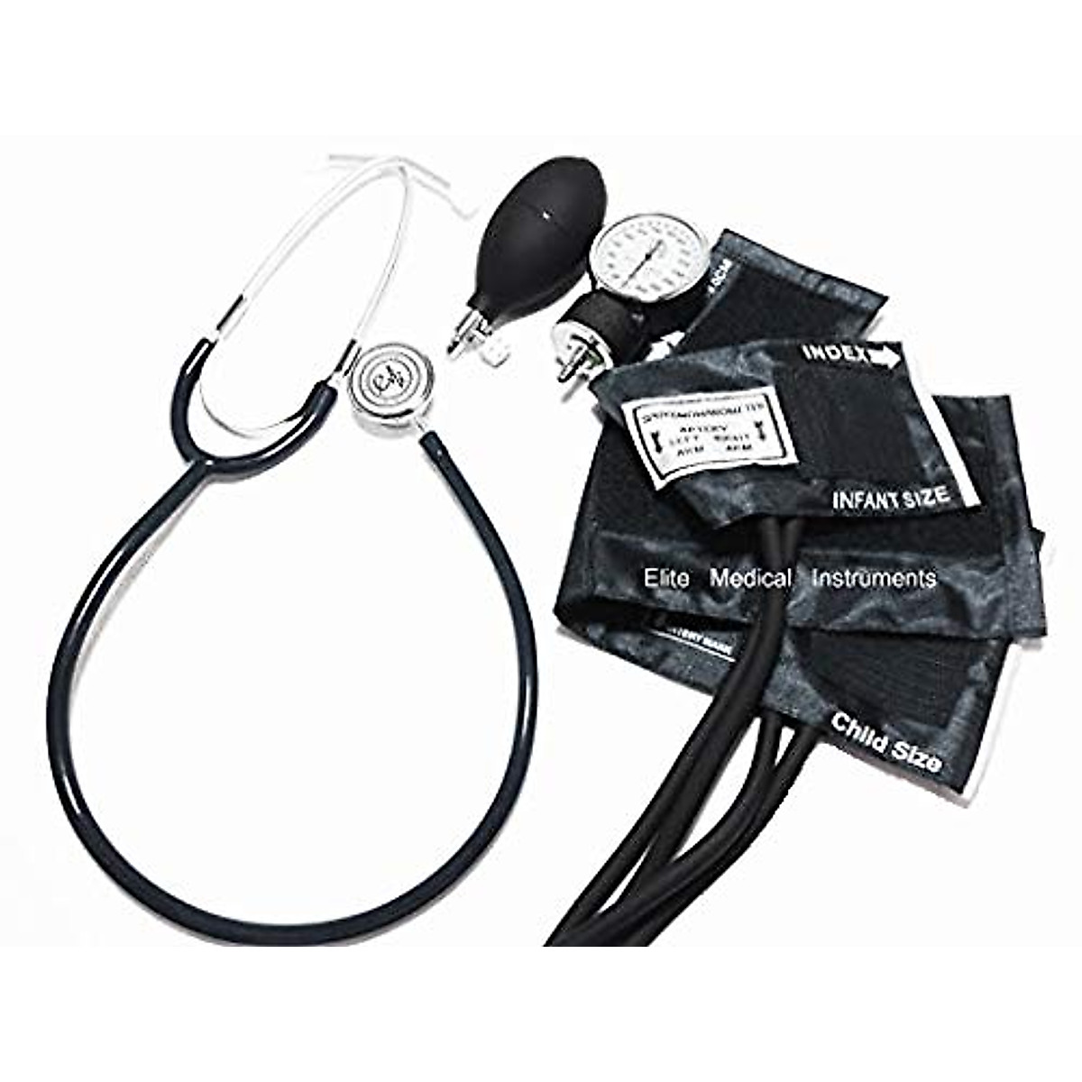 EMI #311 Pediatric 3-Piece Combination Set – Includes Pediatric Aneroid Sphygmomanometer, Infant Aneroid Sphygmomanometer, and Basic Dual Head Stethoscope - Black