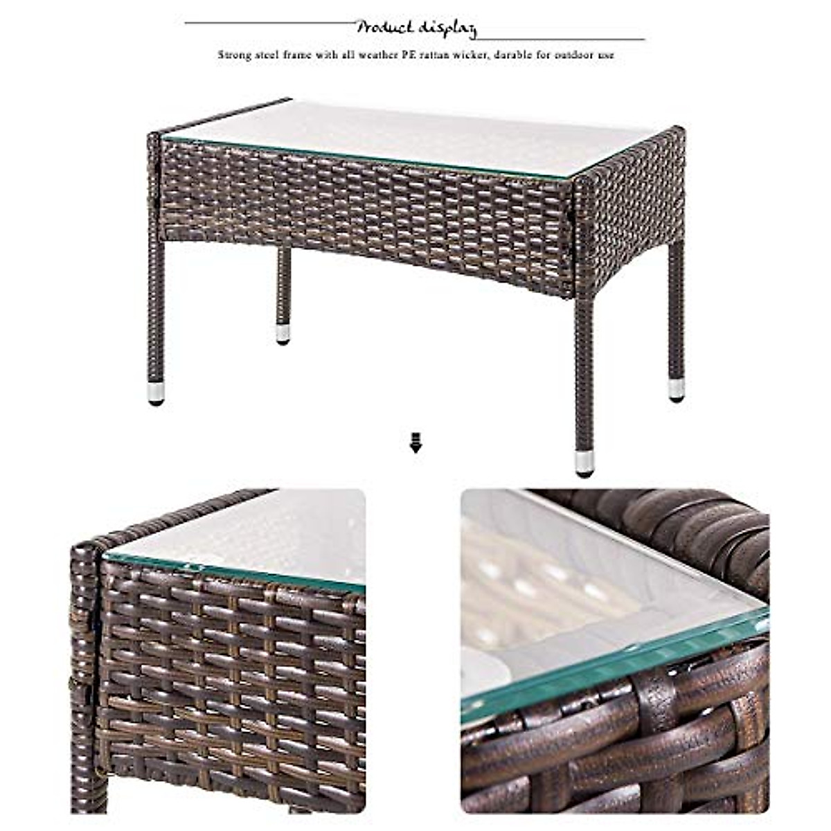 STARTOGOO Pieces Outdoor Rattan Chair Wicker Sofa Garden Conversation Soft Cushion and Glass Table for Yard, Pool or Backyard, 4 Pcs Patio Furniture Set, Brown + Beige