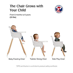 Convertible Baby High Chair, 3-in-1 Wooden Highchair/Toddler Chair with Removable Tray, Feeding & Dining Chair with 5-Point Harness, PU Cushion, Footrest for Babies & Toddlers, Beige