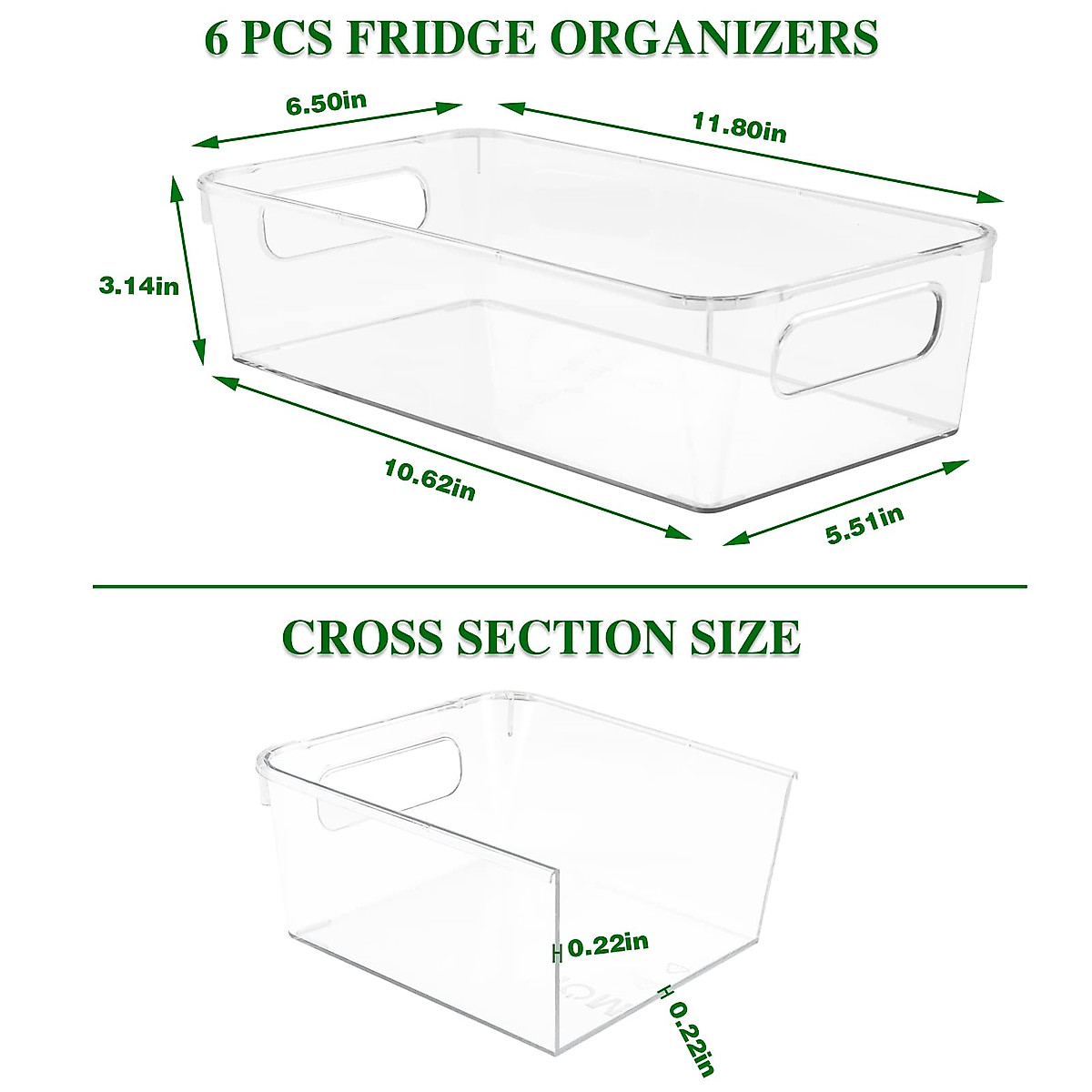 6 pack Refrigerator Organizer Bins sets, Fridge Organizer Bins with Handles for Bathroom, Kitchen Cabinet, Home Organization, Food Grade BPA-free Safety for Storage -Clear Plastic Pantry Storage Rack