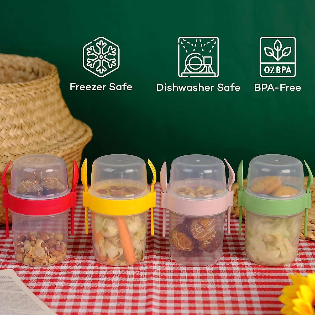 Osier Blanc 4 Pack On The Go 21.9 oz Breakfast Cups with Lids and Spoon, Reusable Cereal Yogurt Cup with Topping Plastic Overnight Oats Container for Granola Oatmeal (21.9 oz - 4 Colors Set)