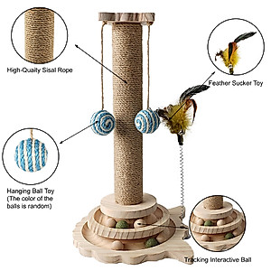 Cat Scratching Post, 4 in 1 Wooden Cat Scratcher Toy, 18" Tall Scratch Post with 2 Level Cat Track Balls, 2 Interactive Cat Feather Toys and 2 Sisal Hanging Balls for Indoor Kittens, Adult Cats