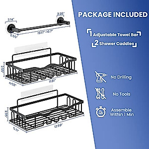 SEIRIONE Set of 3 Adhesive Shower Caddy,Solid Bathroom Shower Organizer,Rustproof Shower Shelves for Inside Shower,Large Capacity Shower Racks for Inside Shower,In Shower Storage with 8 Hooks,Black