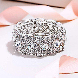 EVER FAITH Austrian Crystal Costume Jewelry Art Deco Elastic Stretch Bracelet Clear Silver-Tone