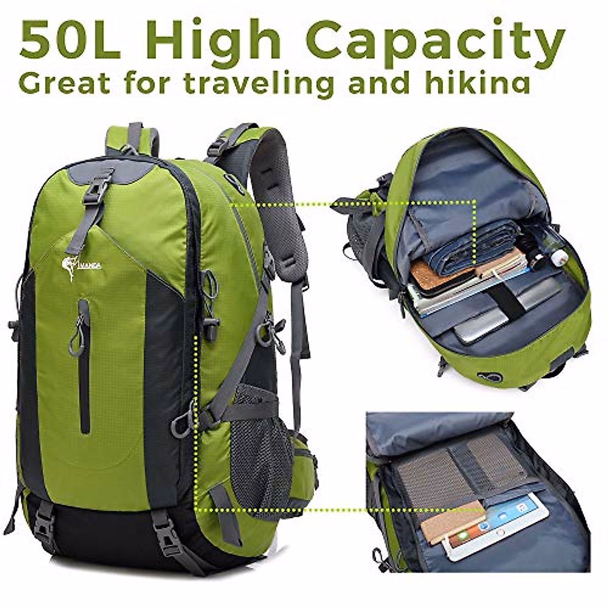 Amanda 50L Water-Resistant Travel Backpack/Casual/Hiking/Camping Daypack with Rain Cover, Headphone Hole (Green)