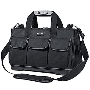 TICONN 16in Tool Bag with Waterproof Molded Bottom, Multi-Pockets Wide Mouth Tool Tote with Safety Reflective Straps, Adjustable Shoulder Strap