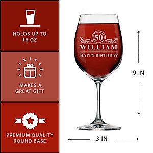 Custom Monogrammed Happy Birthday Wine Glass, Shot Glass, Beer Glass, Champagne Flute - Customized Present for 30th, 40th, 50th, 60th Celebration (16 oz Wine Glass with Stem)