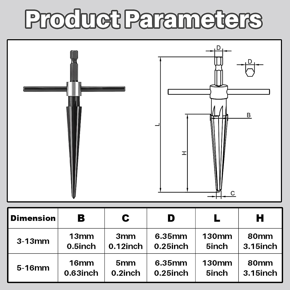 Mrosnail Tapered Reamer Set with T Handle, 3-13mm (1/8''-1/2'') & 5-16mm (3/16"-5/8") 6 Fluted, Carbon Steel Hex Shank for Guitar Woodworking - 2pcs