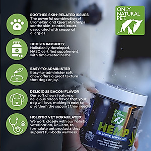Only Natural Pet Allergy, Skin & Coat Hemp Soft Chews - Allergy Immune Bites for Dogs, Omega 3 Supplement, Hemp Oil - Calming Treats for Itchy Skin Relief, Hot Spot - (60 Count)