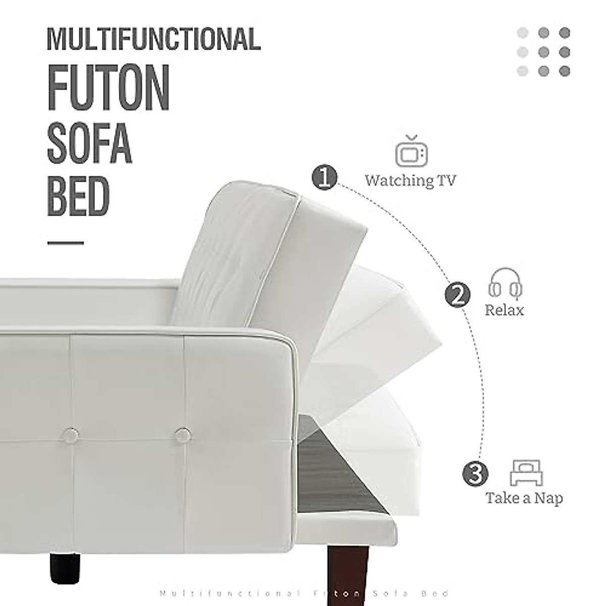 IULULU Futon Sofa Bed, Modern Convertible Faux Leather Sleeper Couch with Armrests for Studio, Office, Apartment, Compact Living, Game Room, Overnight Guests, White