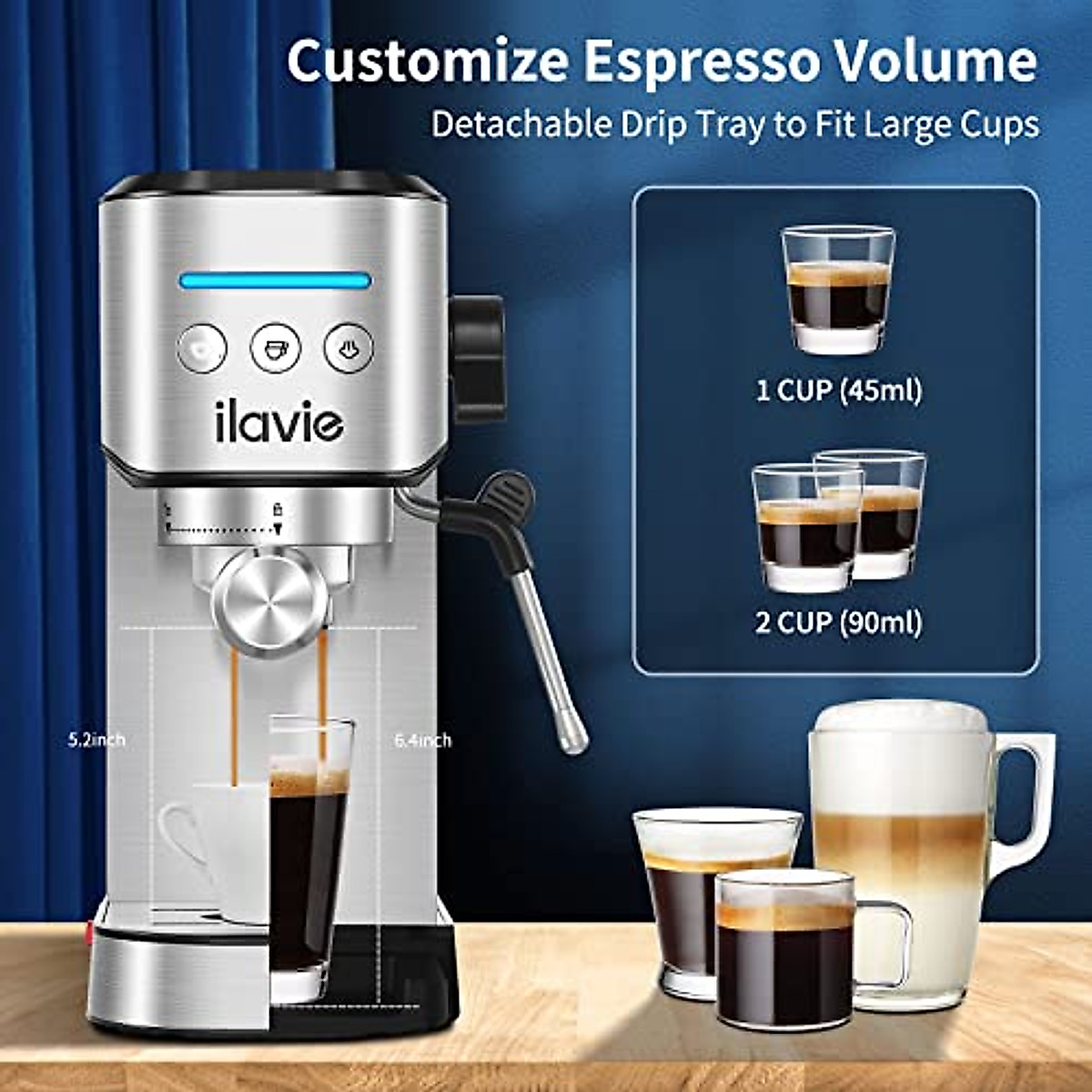 ILAVIE Espresso Machines with Steamer, 20 Bar Pump Espresso and Cappuccino latte Maker, Espresso Machine Easy to Use for Home Barista, Stainless Steel, 1350W