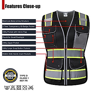 HATAUNKI High Visibility Reflection Black Mesh Safety Vests with 9 Pockets and Front Zipper, hi vis safety vest for Women, Meets ANSI/ISEA Standards(Black-16,X-Large)