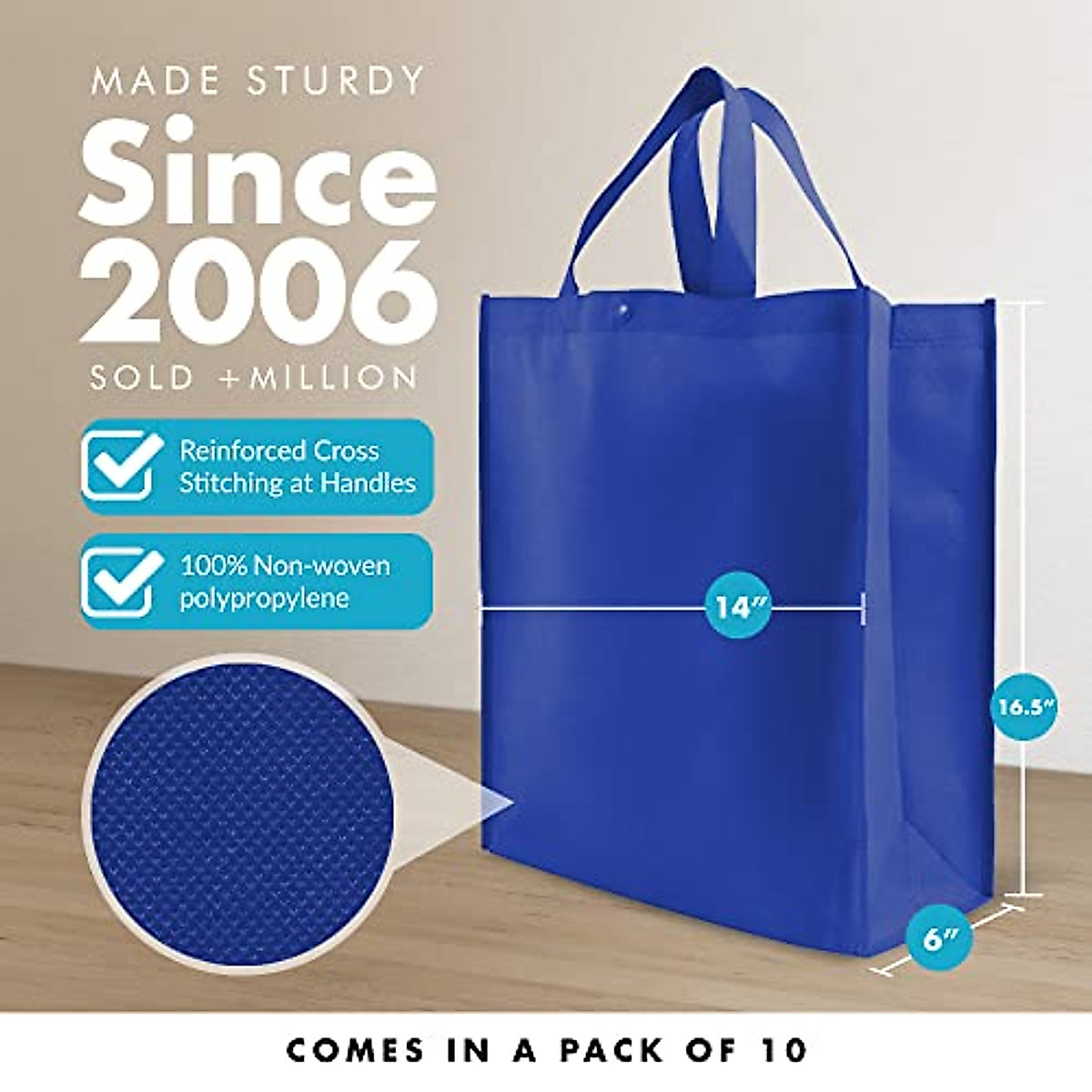 Simply Green Solutions - Reusable Grocery Bags, Durable Large Tote Bags, Shopping Bags for Groceries, Utility Tote, Reusable Gift Bags With Handles, 14 x 16.5 x 6, Pack of 10, Royal Blue