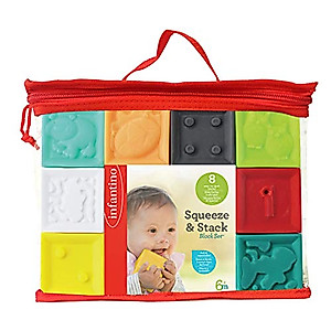 Infantino Squeeze and Stack Block Set - Colorful Textured Soft Blocks, Includes Numbers, Animals and Shapes, Ages 6 Months +