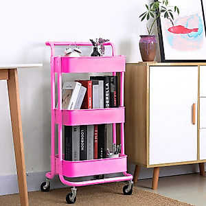 3-Tier Metal Mesh Rolling Cart Storage Organizer with Utility Handle and Wheels, Pink