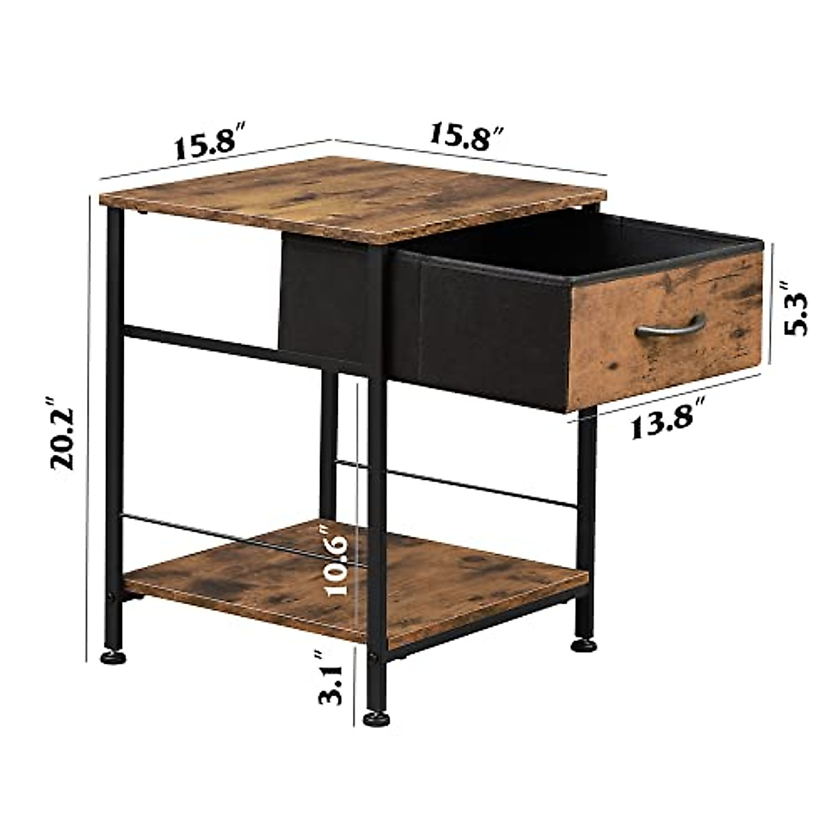 WLIVE Nightstand, End Table with Fabric Storage Drawer and Open Wood Shelf, Bedside Furniture with Steel Frame, Side Table for Bedroom, Dorm, Easy Assembly, Rustic Brown Wood Grain Print