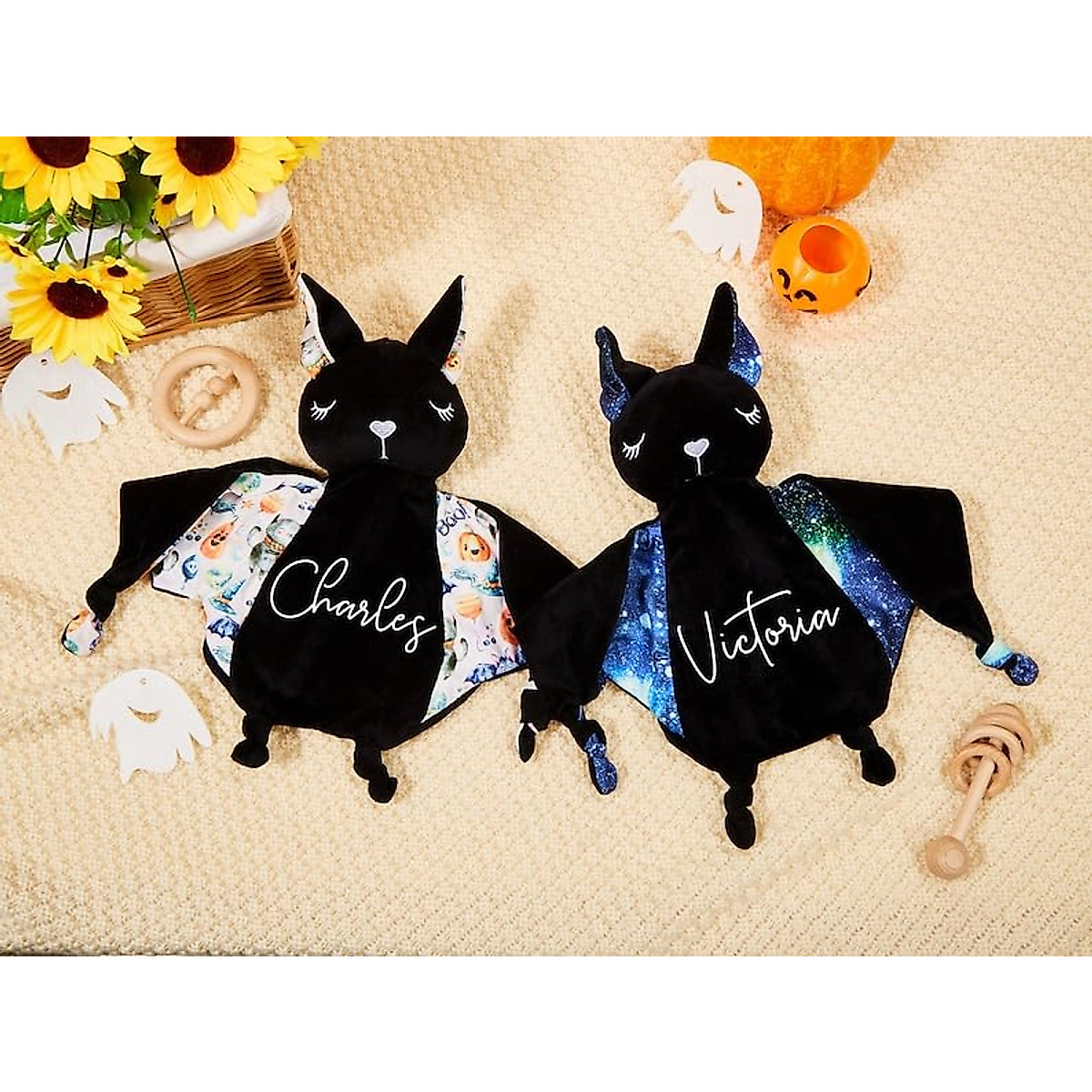 VTER Personalized Baby Bat Security Blankets Kids First, Plush Stuff with Name Kids Comforter Toy (Style: Cat)