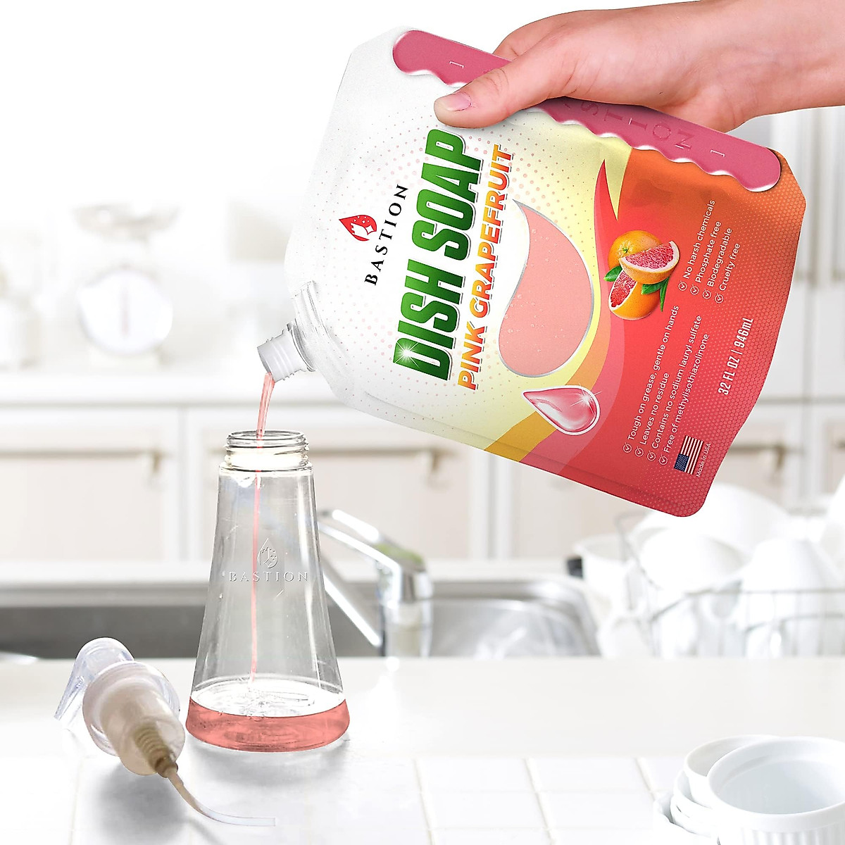 Bastion Dish Soap - Liquid Dishwashing Degreaser & Detergent - Pink Grapefruit Fragrance - 32oz Refill Pouch- All Natural - Cruelty-Free