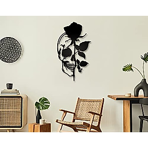 Skull With Rose Metal Wall Art With LED Lights, Flower Skull Signs, Sugar Skull, Skeleton Decor, Halloween Gothic Decor, Skull Roses Decor
