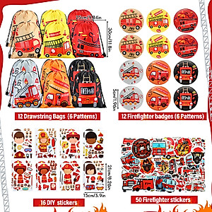 144 Pcs Firefighter Party Favors Fireman Themed Party Supplies Firemen Truck DIY Stickers Drawstring Bags Mini Notepads Silicone Wristbands Bracelets Keychain Button Pins Flexible Soft Pencil