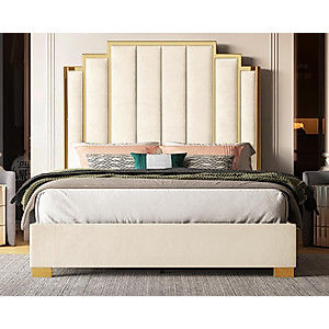 Albott Queen Size Platform Bed Frame, 61.4" Velvet Upholstered Bed with Gold Trim Headboard/Wooden Slats/No Box Spring Needed/Cream